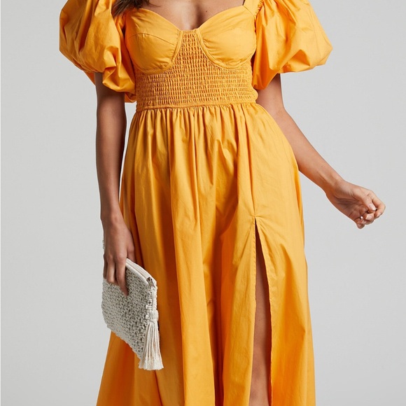 Showpo. | Dresses | Showpo Yellow Puff Sleeve Midi Dress | Poshmark